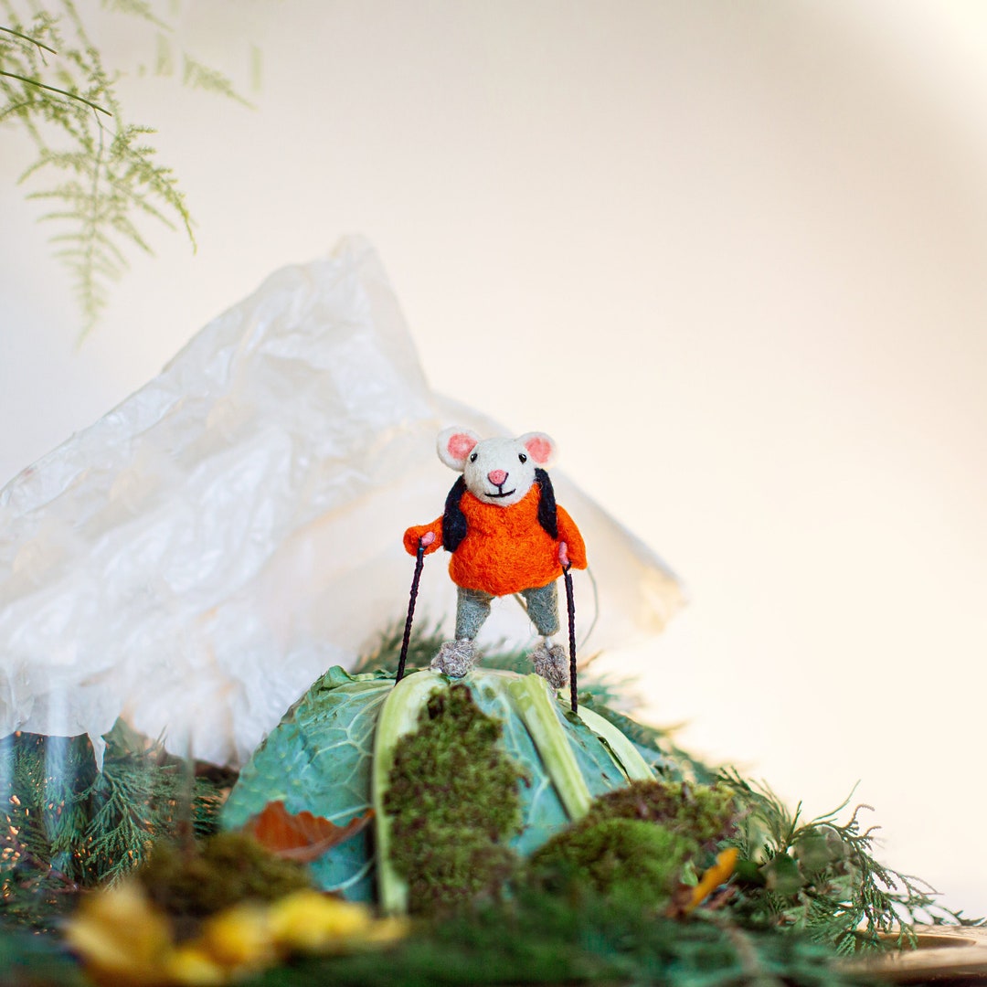 Hiking Mouse Needle Felted Wool Figurine With Waterproof Coat, Backpack ...