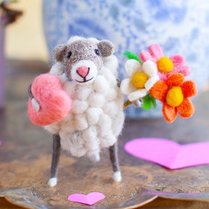 Heart and Flowers Tiny Needle Felt Sheep, Cute Plush Gift Keepsake ...