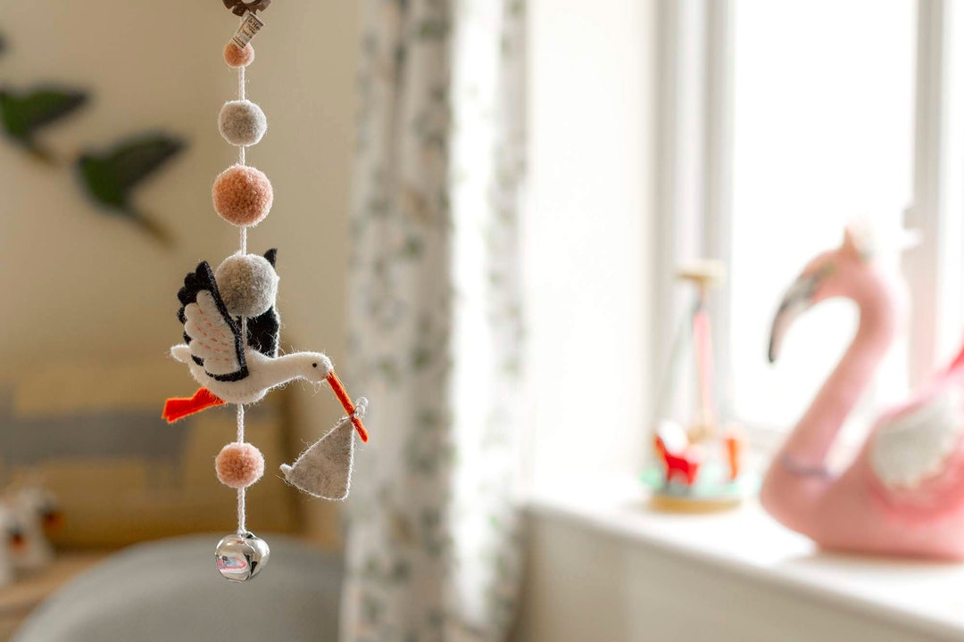 Pink Pom Pom Stork Mobile Sew Heart Felt - Etsy