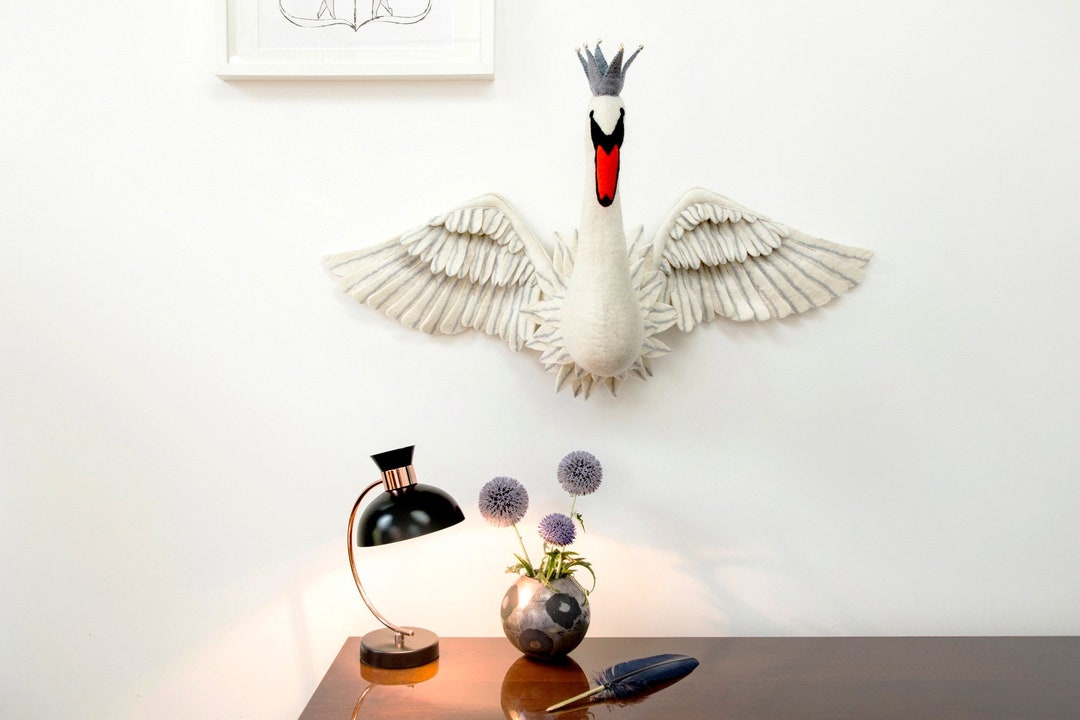 Odette Swan Head With Wings - Animal Wall Mount - Grey Crown Felted ...