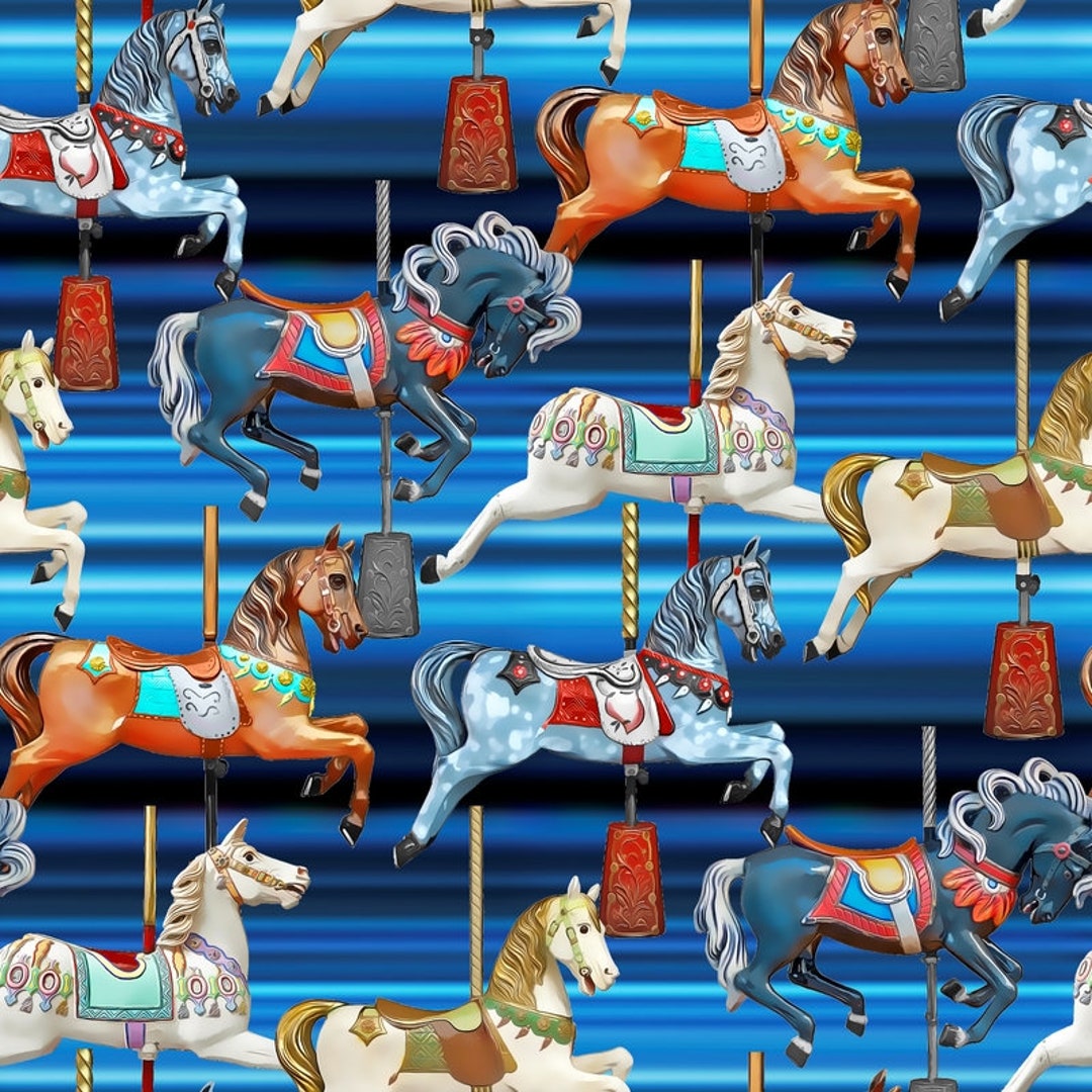 3 Wishes Fabrics's Carousel Amazement Park Blue Digital Print Children ...