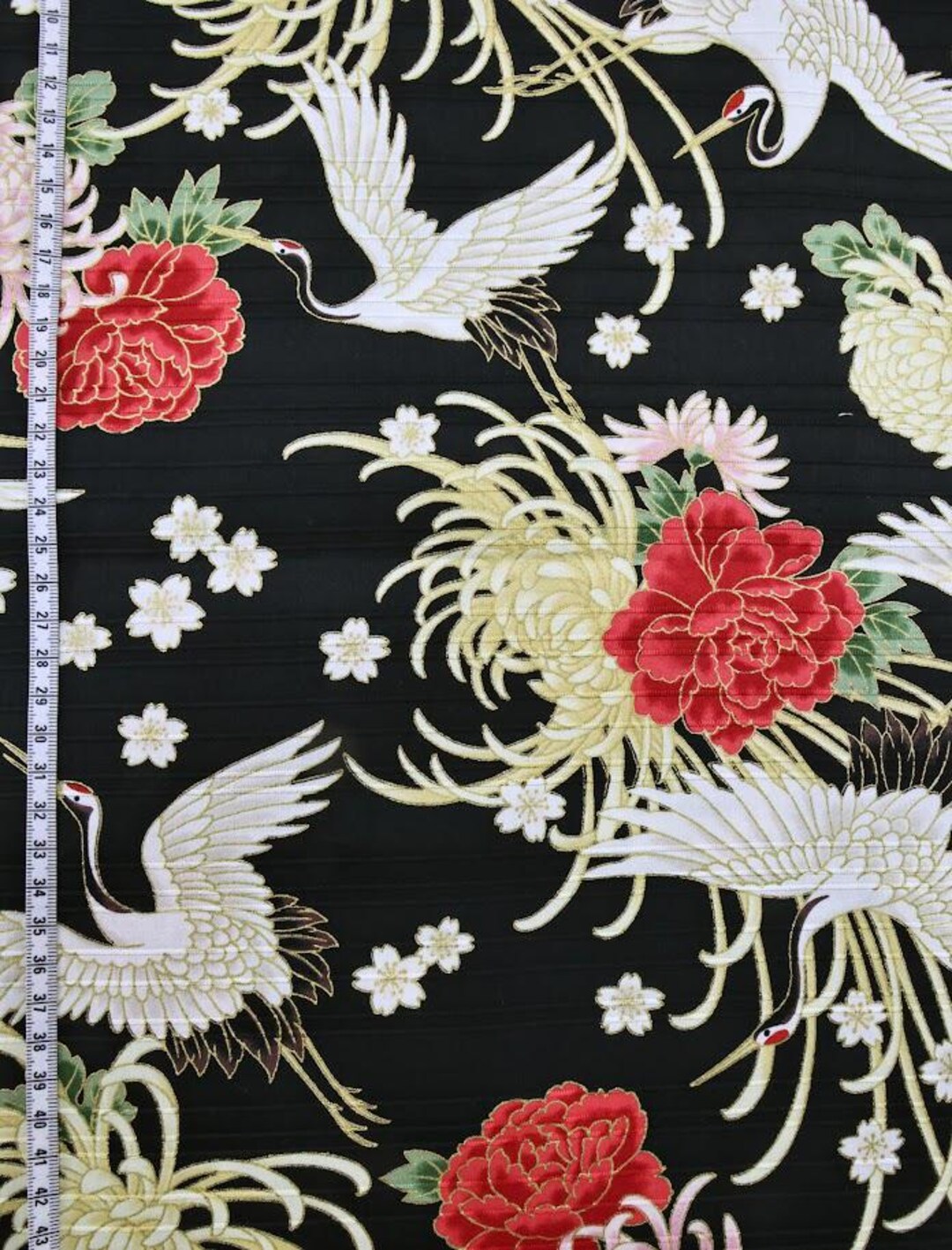 1/2 Meter of Japanese Tsuru Floral Pattern Fabric With Black Background ...