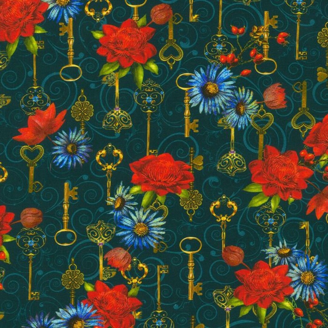 Secret Garden SKELETON KEYS & ROSE Flowers on Teal From Robert Kaufman ...