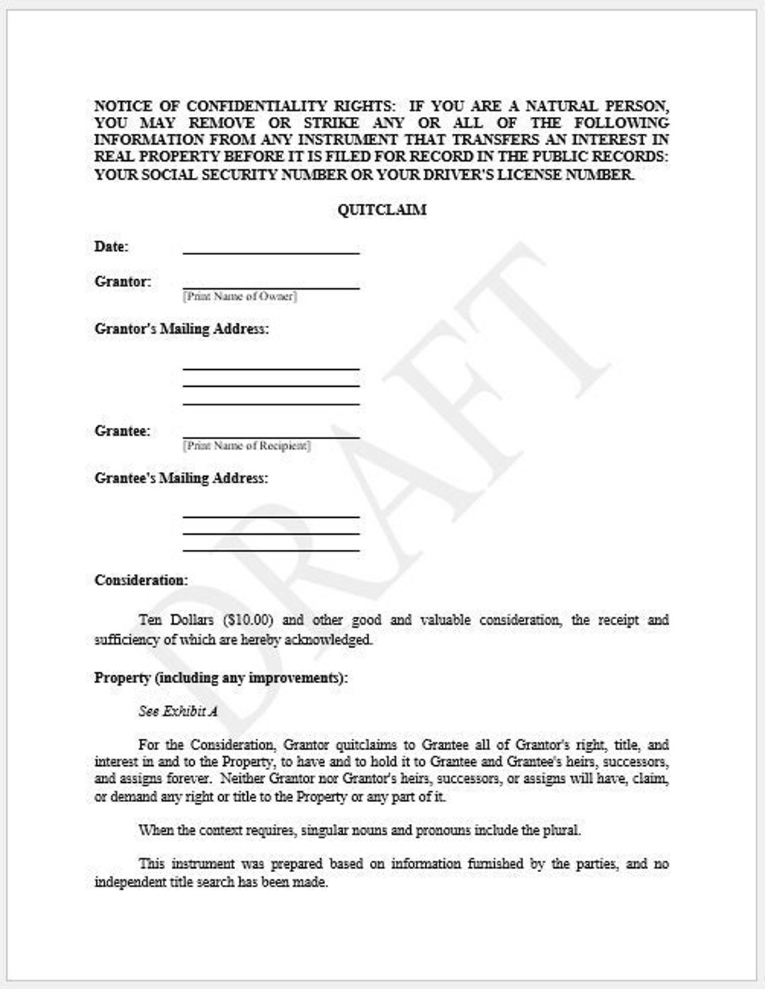 Quit Claim Deed Fillable Form (texas) - Etsy