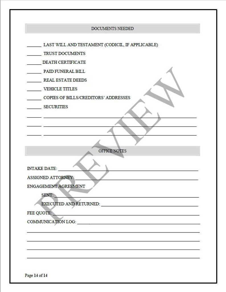 Probate Intake Form Questionnaire (attorney Form) - Etsy