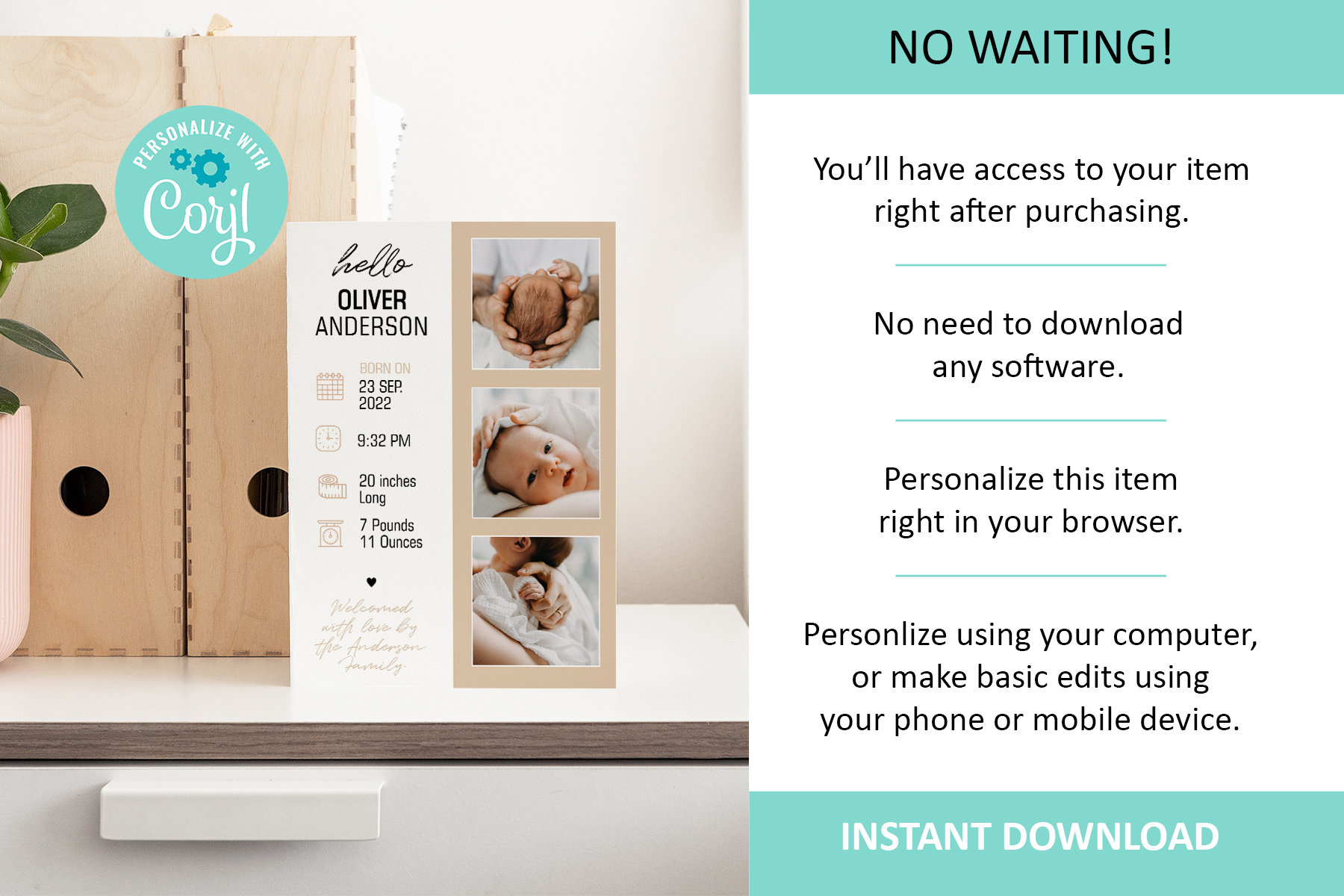 Baby Birth Stats Announcement Template, Newborn Birth Announcement Card ...