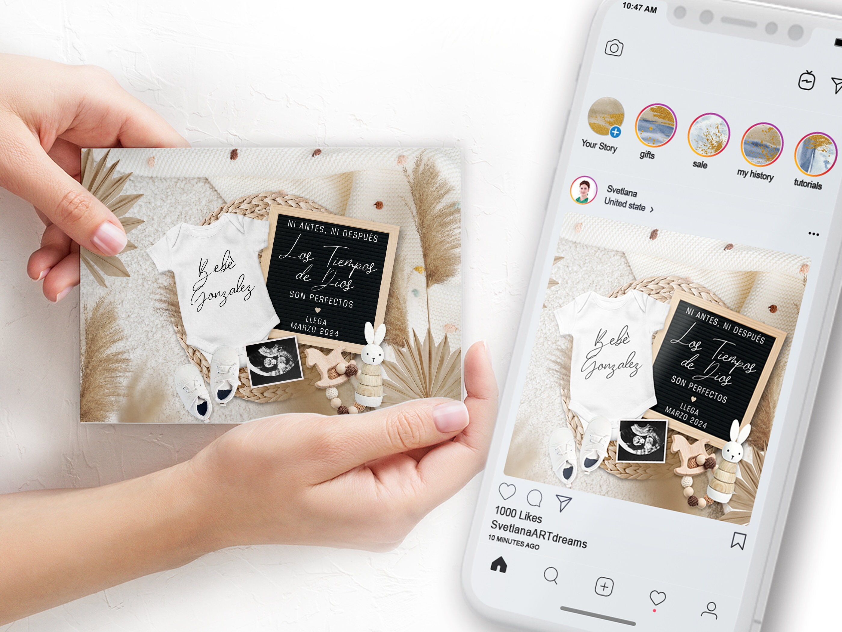 Spanish Pregnancy Announcement: Boho Social Media Baby Reveal (digital ...