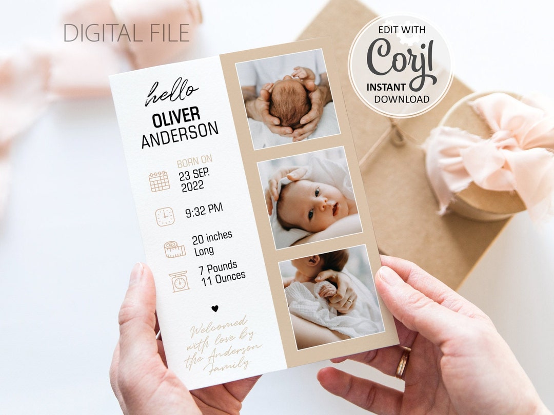 Baby Birth Stats Announcement Template, Newborn Birth Announcement Card ...