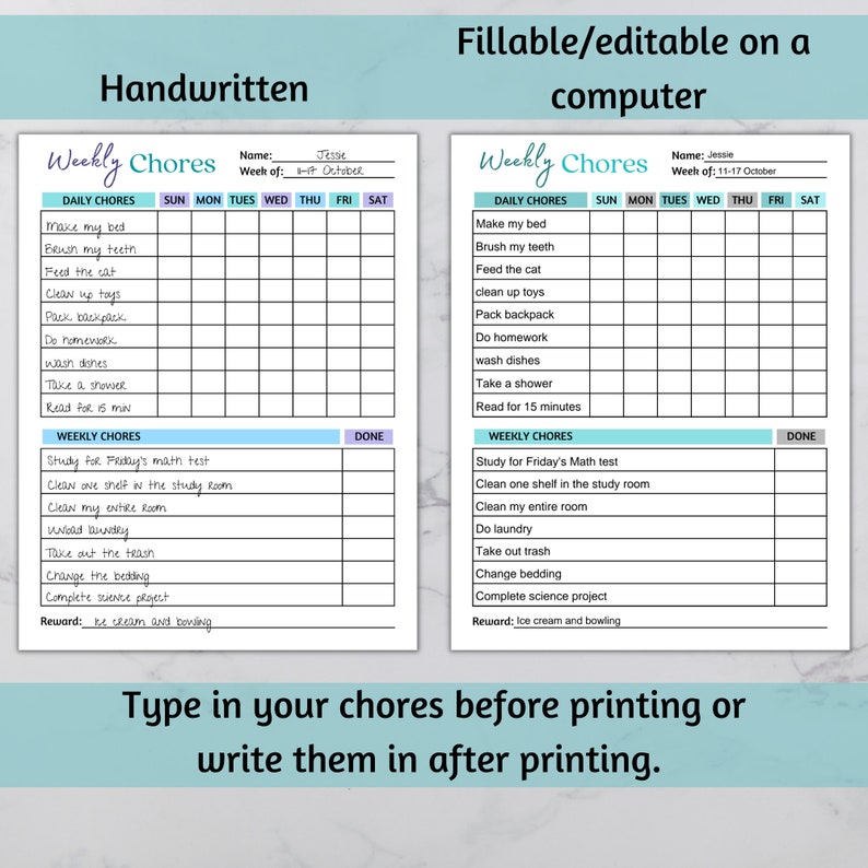 Editable Kids Chore Chart Responsibility Chart for Kids Routine ...