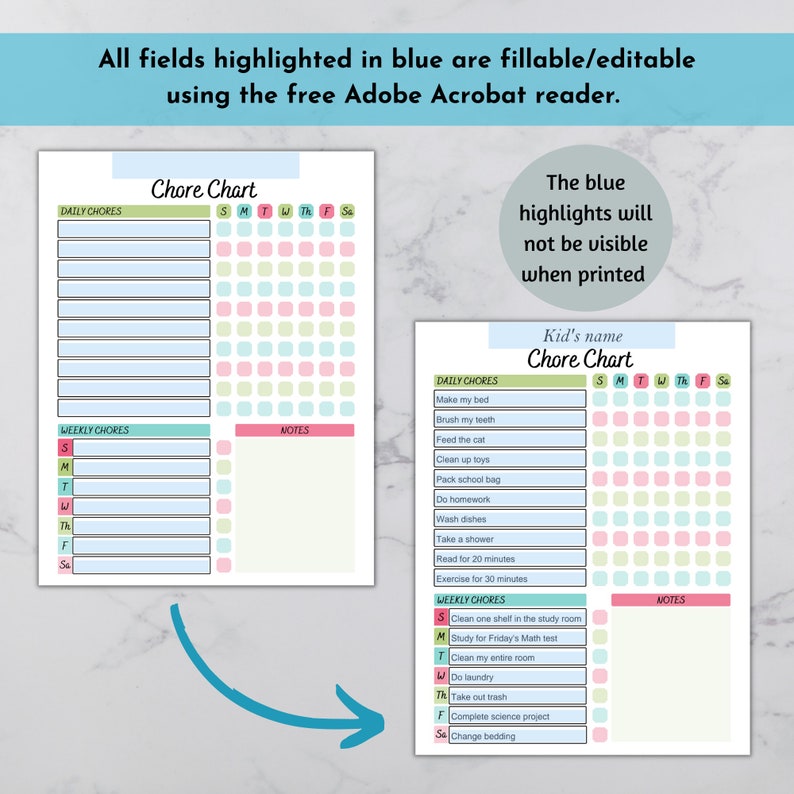 Kids Chore Chart | Responsibility Chart | Editable PDF | Daily Routine ...