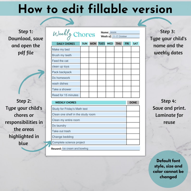 Editable Kids Chore Chart Responsibility Chart for Kids Routine ...