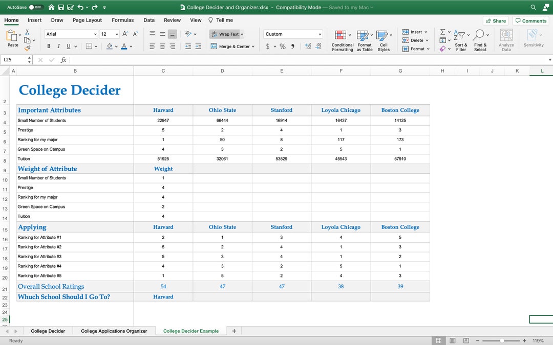 College Decider and Application Organizer Excel Worksheet/ Spreadsheet ...