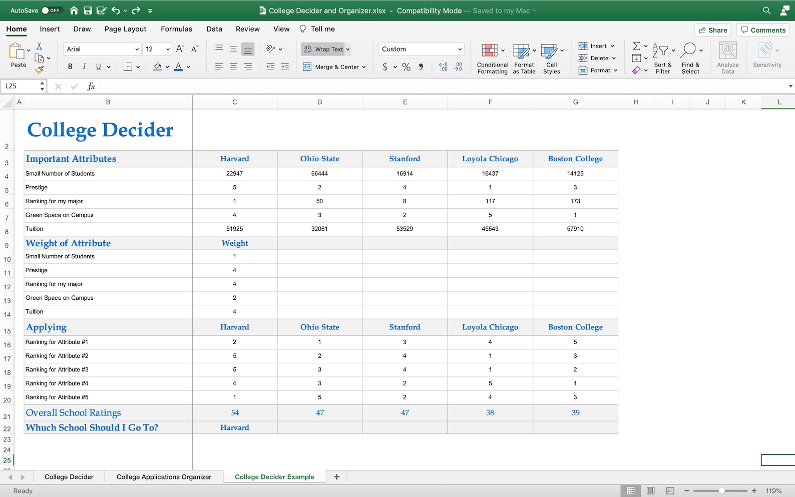 College Decider and Application Organizer Excel Worksheet/ Spreadsheet ...