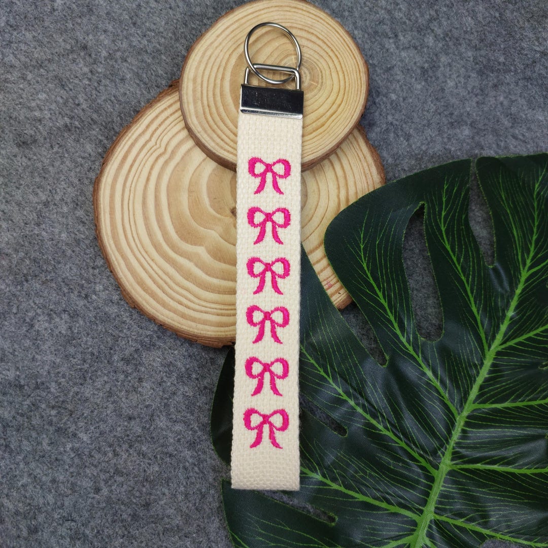 Coquette Bow Embroidered Keychain, Bow Pink Wristlet Key Fob, Cute ...
