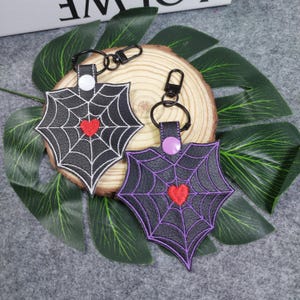Spider Web Heart Embroidered Faux Leather Keychain, Spider Key Tag ...