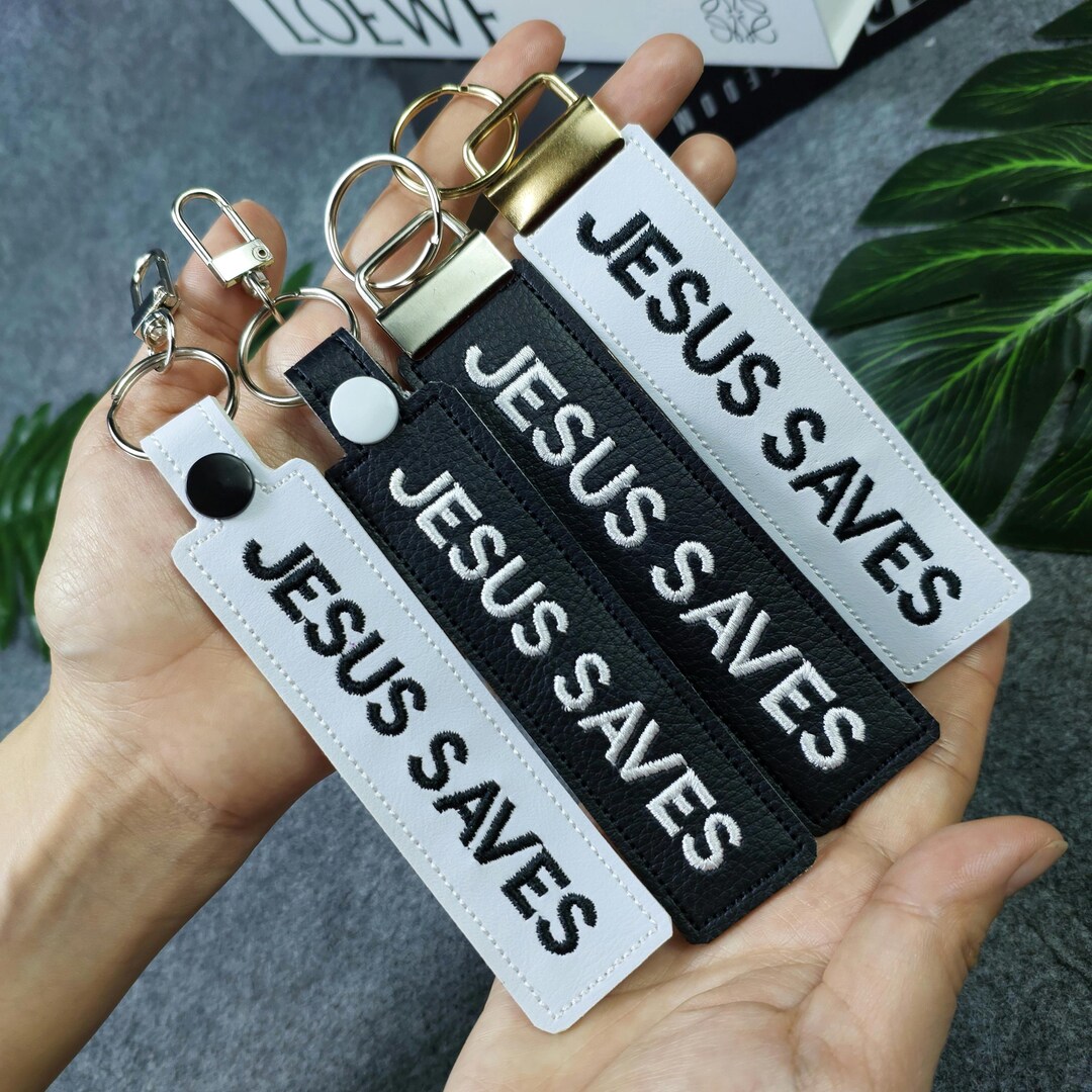 JESUS SAVES Embroidered Faux Leather Keychain, Christian Key Tag ...