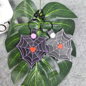 Spider Web Heart Embroidered Faux Leather Keychain, Spider Key Tag ...
