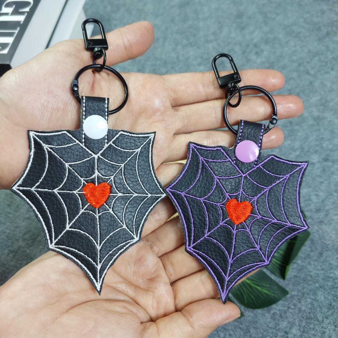 Spider Web Heart Embroidered Faux Leather Keychain, Spider Key Tag ...