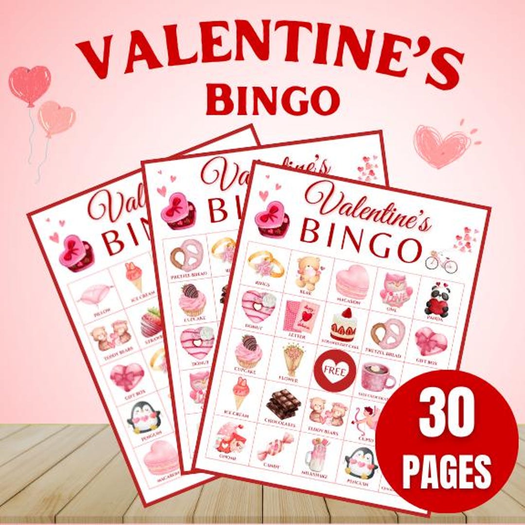 30 Valentine's Bingo Cards Printable Game, Bingo Cards, Printable Bingo ...