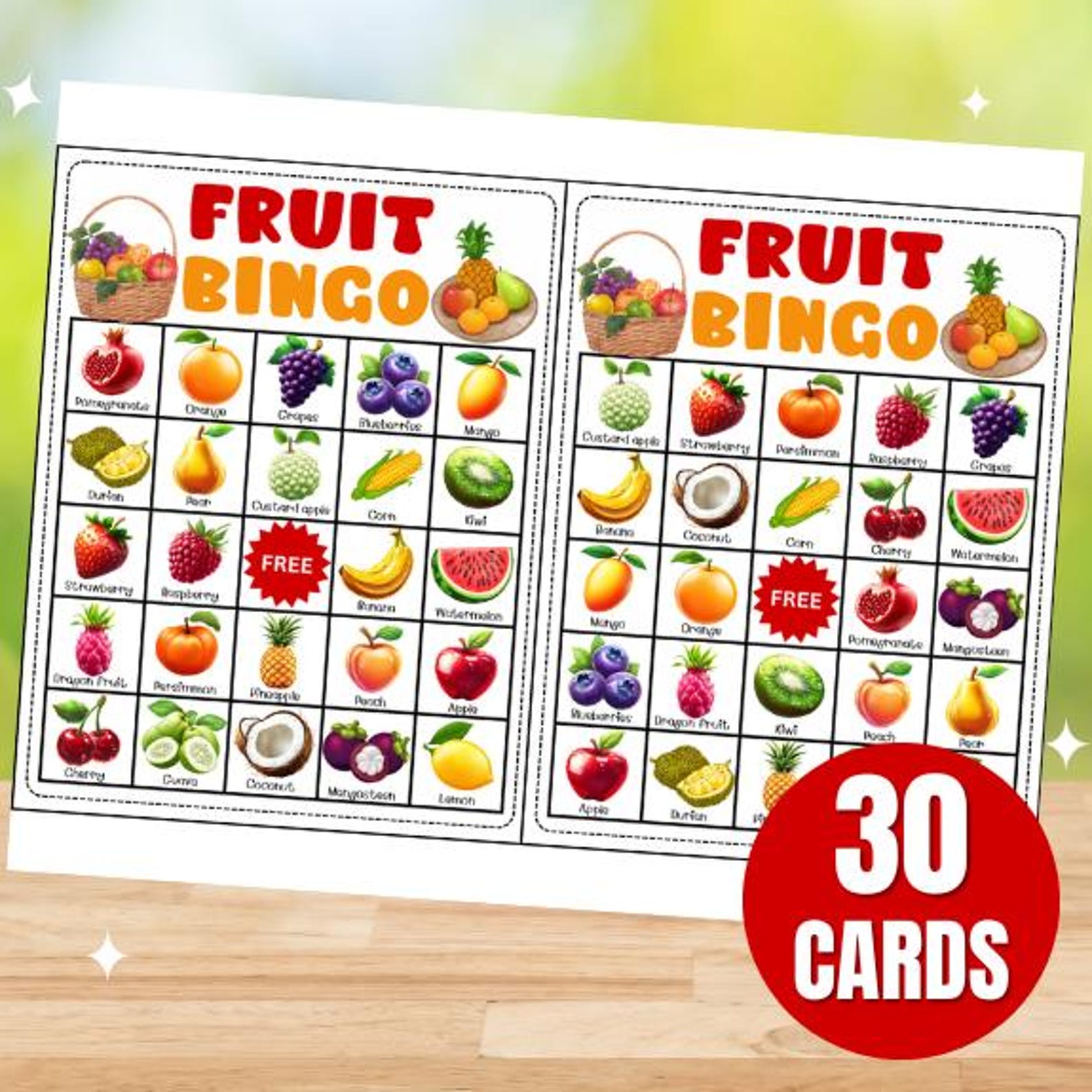 30 Fruit Bingo Cards Printable Game, Fruit Bingo Cards, Printable Bingo ...