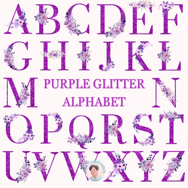 36 PNG Purple Glitter Floral Alphabet Clipart,wedding Alphabet,png ...