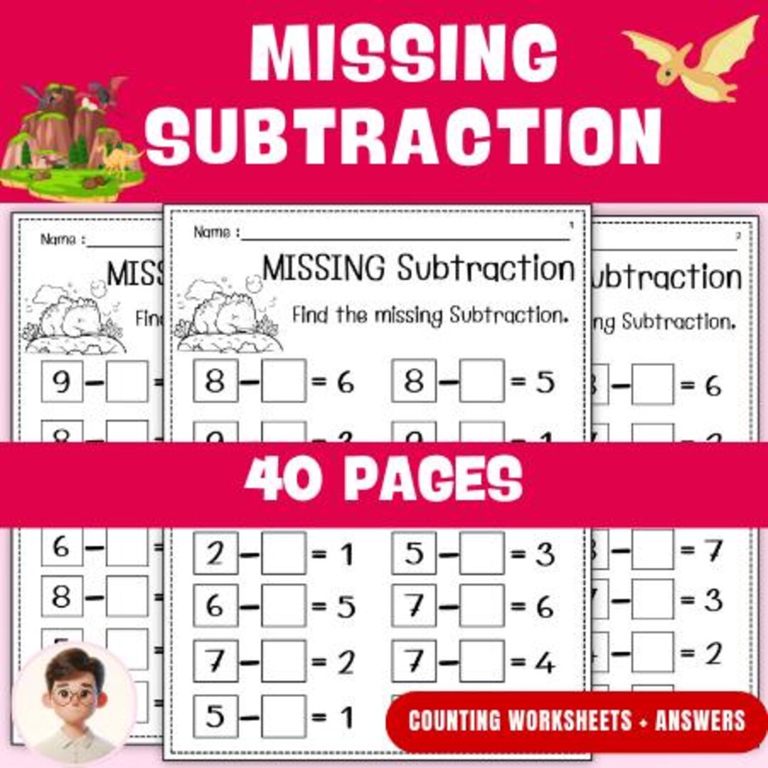 40 Printable Dinosaur Missing Subtraction to 10 Worksheets 40 Pages for ...