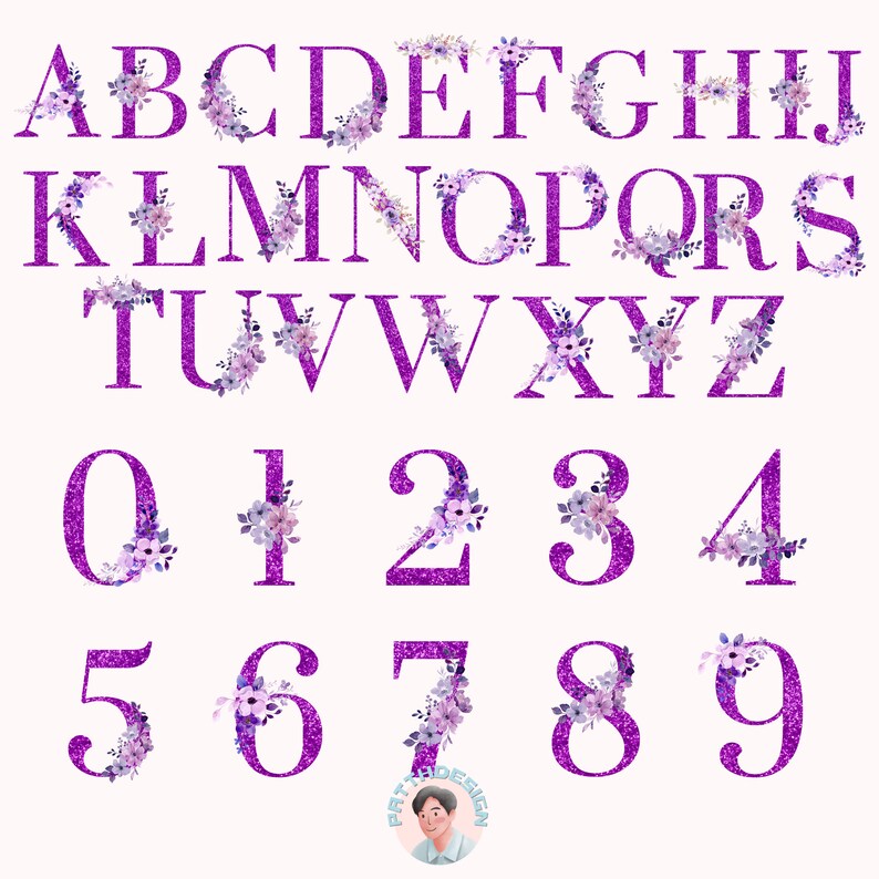 36 PNG Purple Glitter Floral Alphabet Clipart,wedding Alphabet,png ...