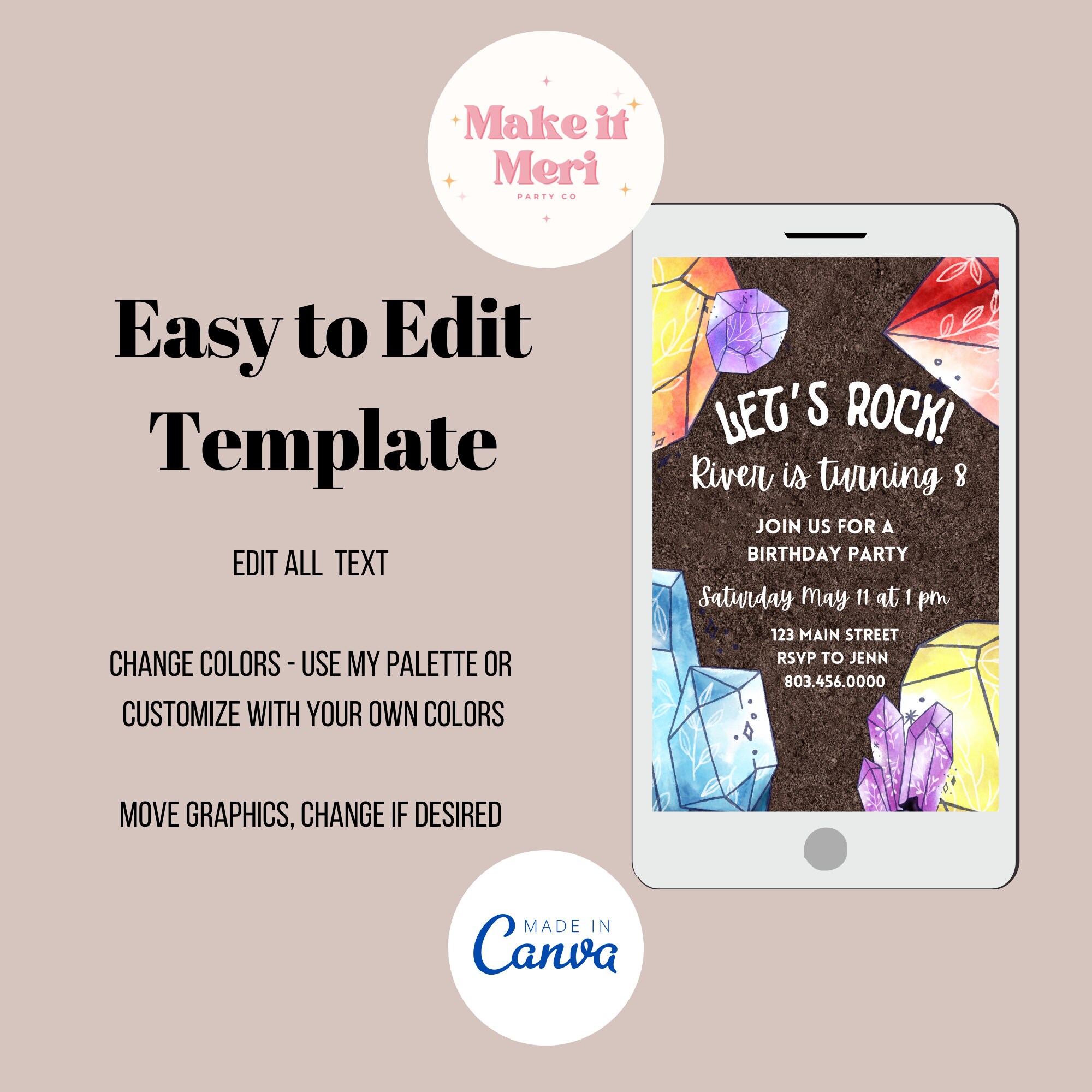 Rock Themed Birthday Printable Invitation, Gemstone Themed Birthday ...