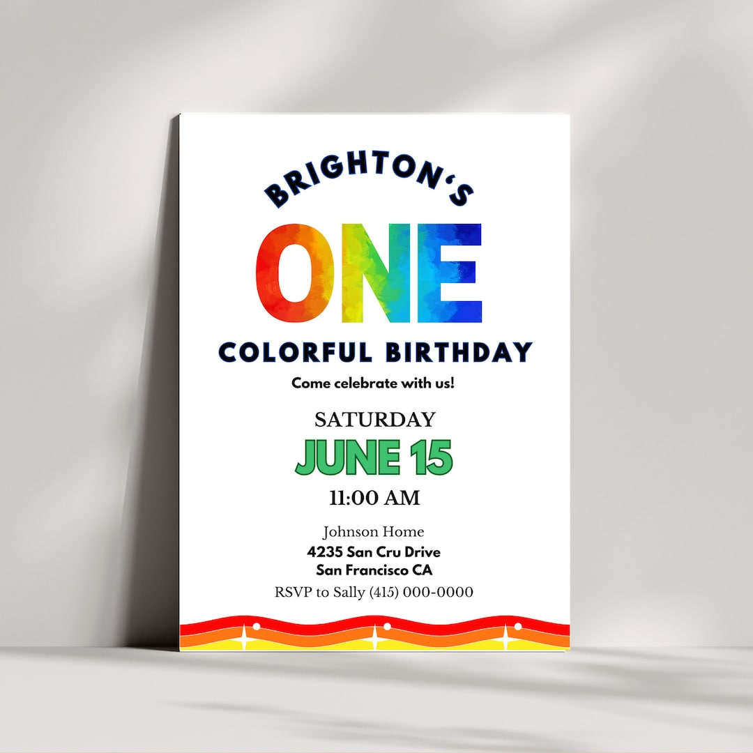 ONE Colorful Birthday Printable Invitation, Rainbow First Birthday ...