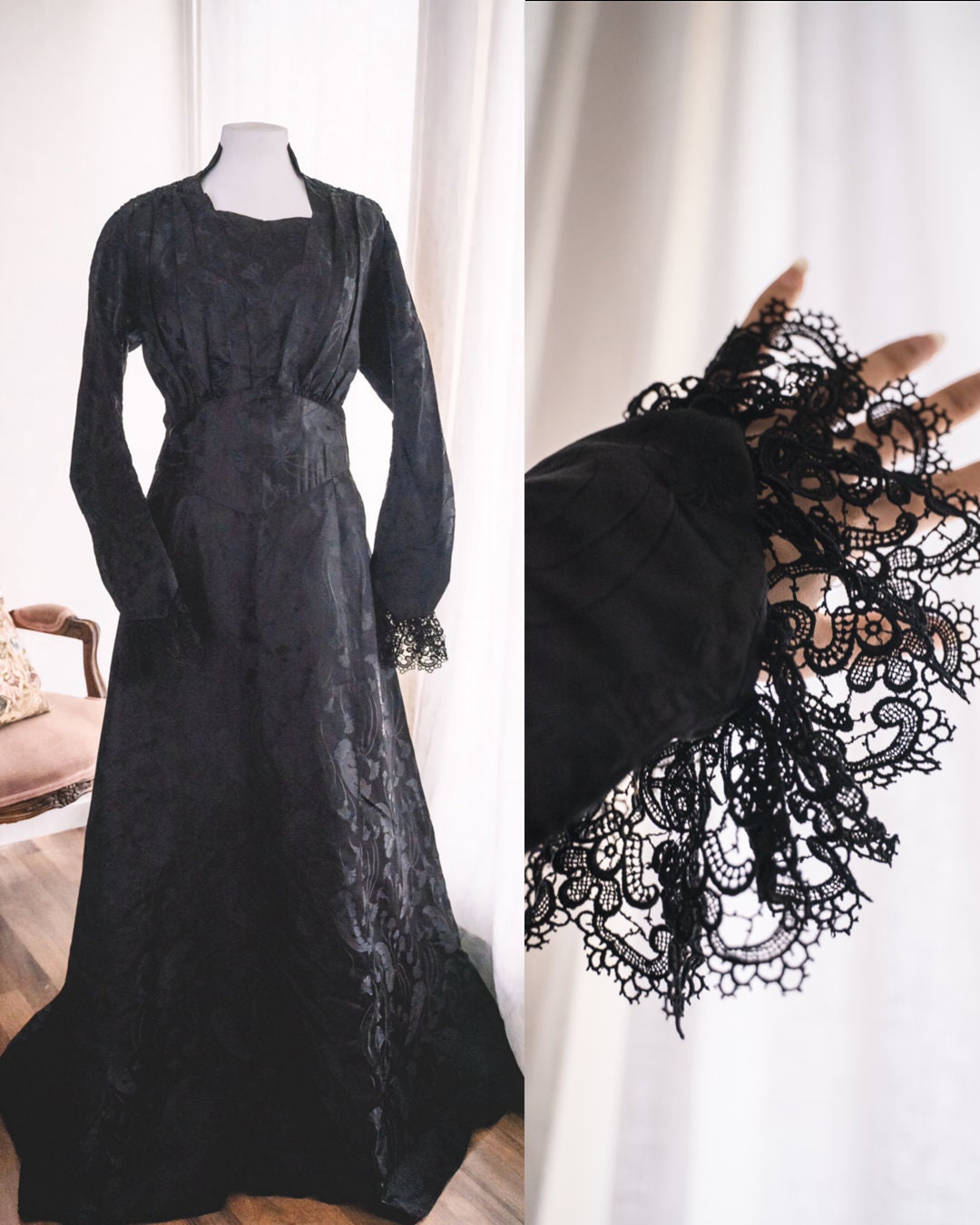 30s Does Edwardian Revival Gothic Victorian Black Silk Jacquard Vintage ...