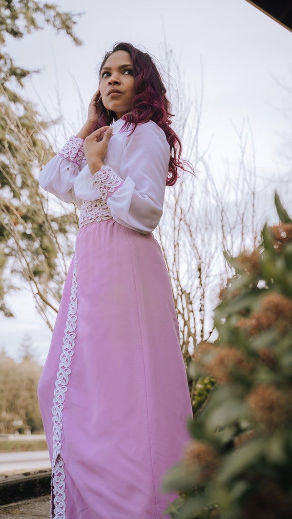 60s Boho Purple and Guipure Lace Empire Vintage Gown … - Gem