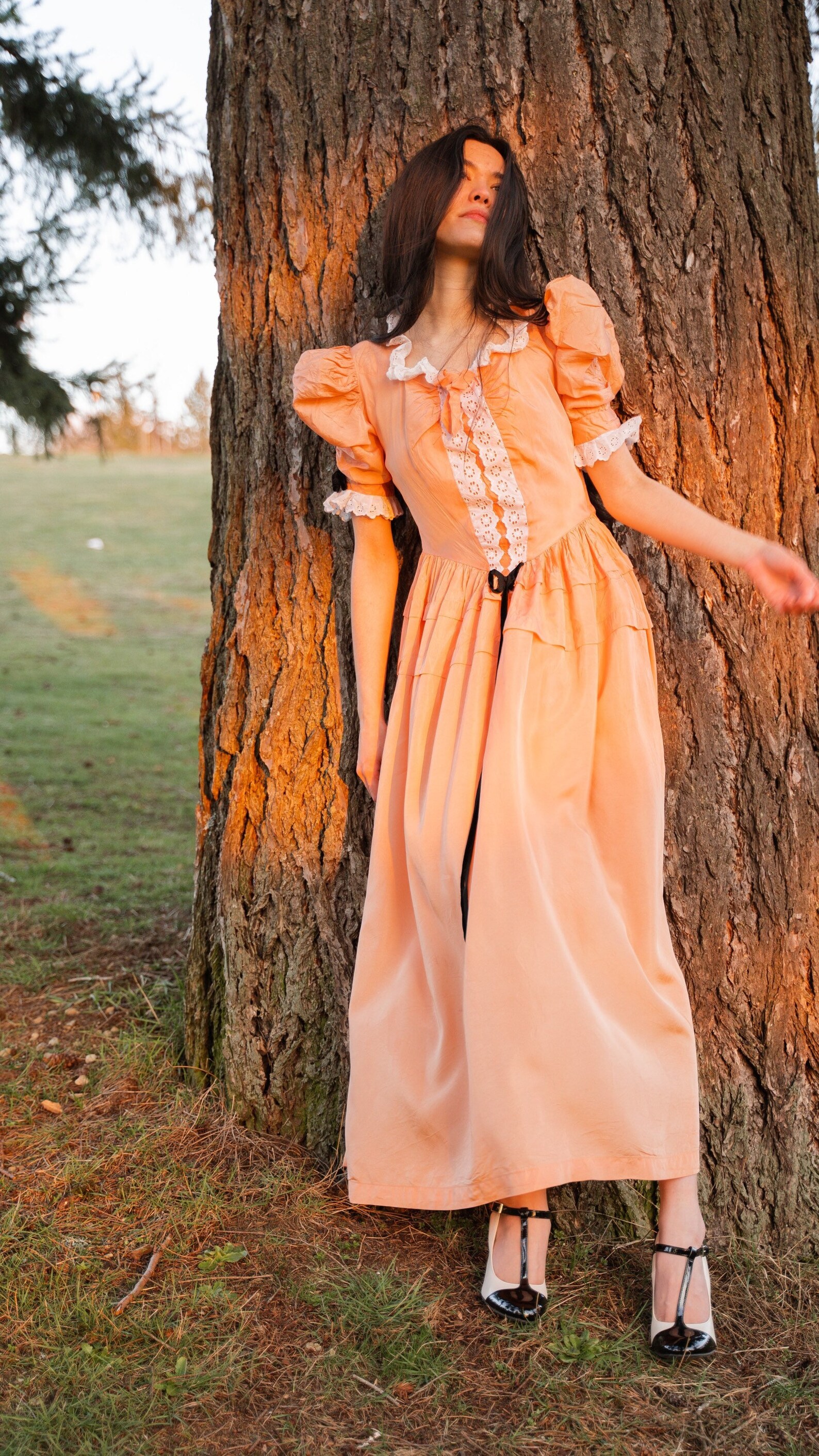 30s 40s Peach Orange Taffeta Prairie 70s Reworked Vintage Dress Small ...