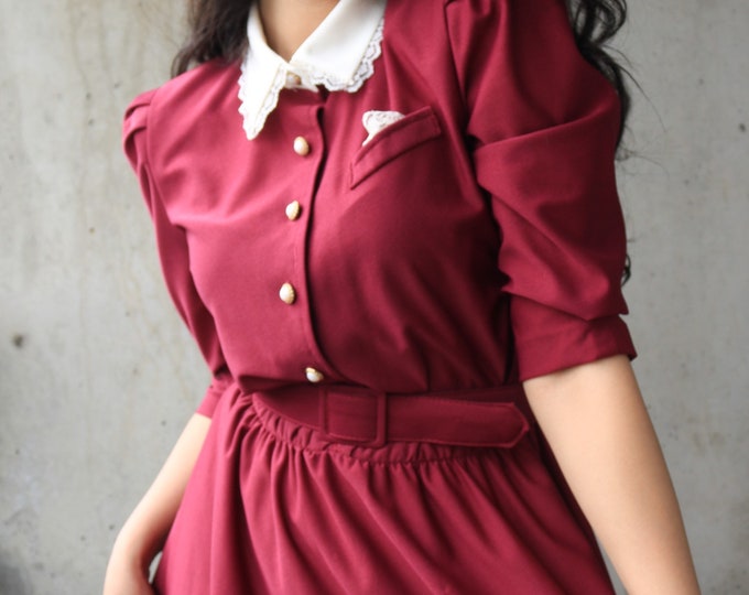 80s Does 40s Burgundy Red Lace Collar Pocket Doily Vintage Tabby of ...