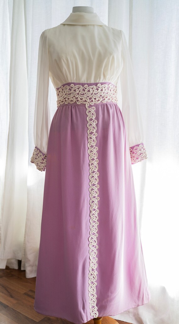 60s Boho Purple and Guipure Lace Empire Vintage Gown … - Gem