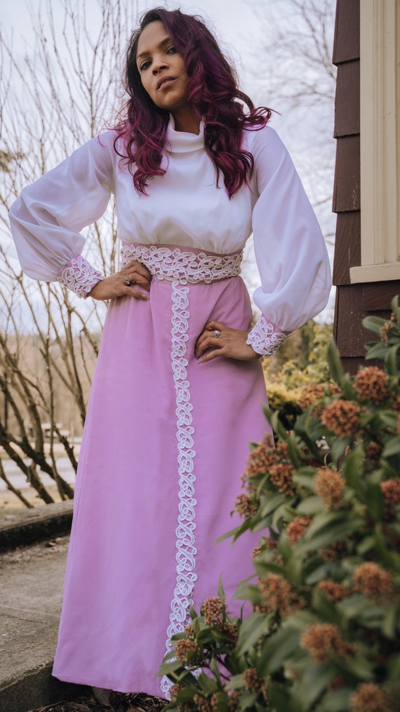 60s Boho Purple and Guipure Lace Empire Vintage Gown … - Gem