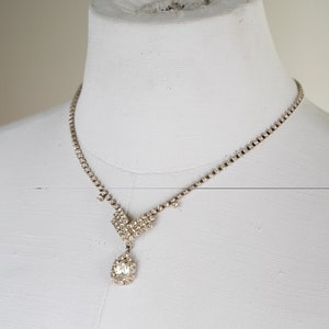 50s Diamante Rhinestone Teardrop V Shape Silver Tone Vintage Necklace 1950s Formal Evening Mid ...