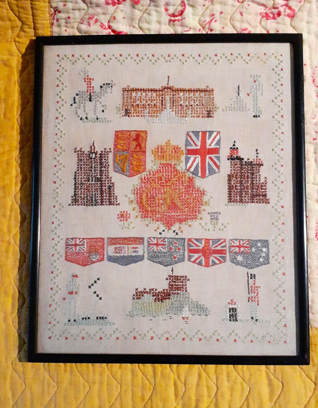 1920s Framed Needlepoint Fabric Sampler With Flags & London Historical ...