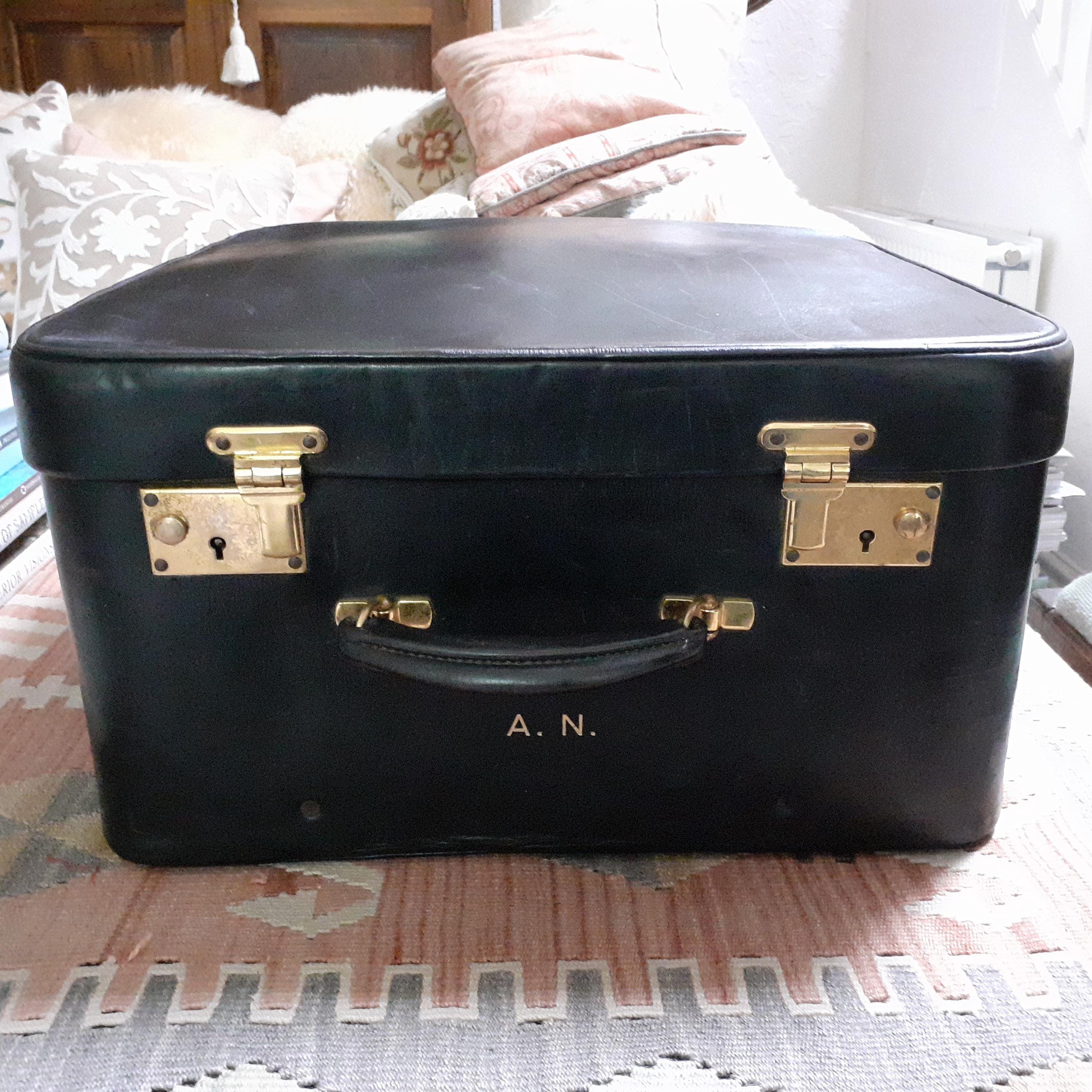 Harrods Vintage Luggage Black Leather Square Suitcase With Bright Pink ...