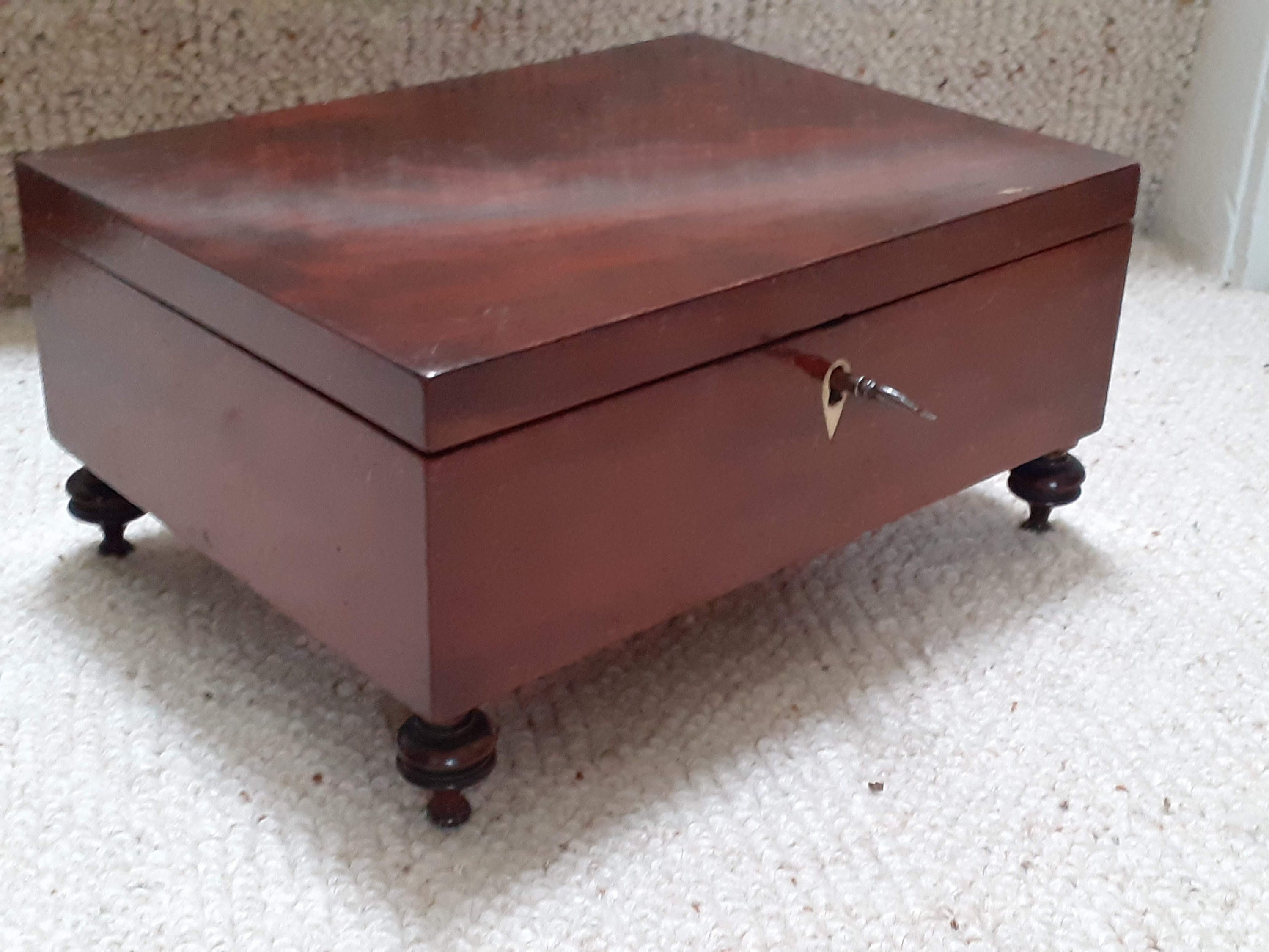 Antique Mahogany Sectional Box on Turned Feet With Working Lock & Key ...