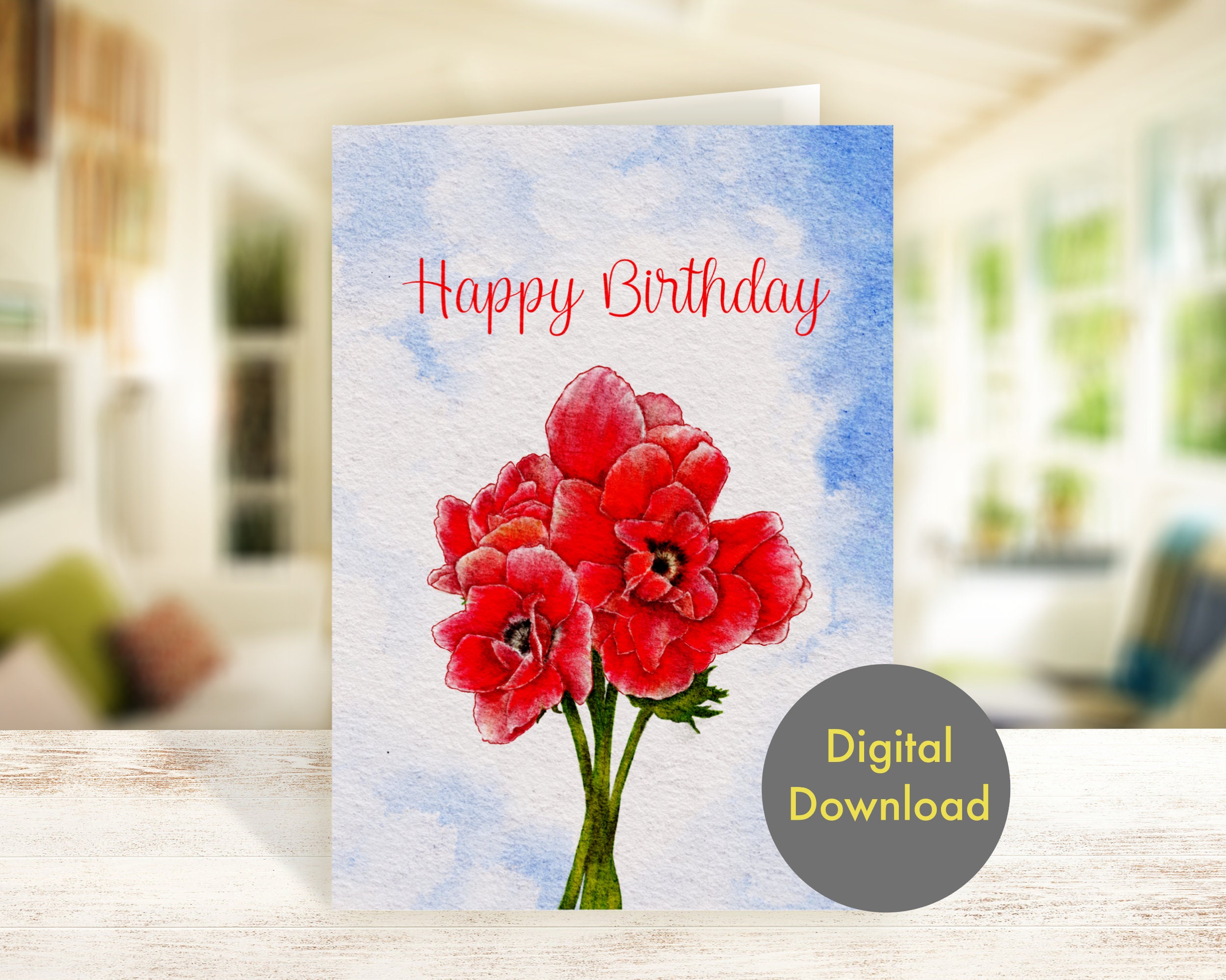 Birthday Card - Red Papaver - Printable, Digital Card - Etsy