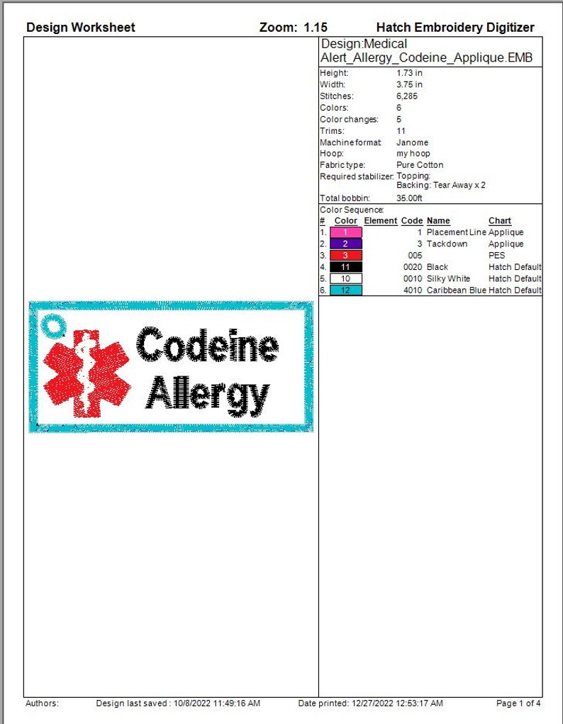 Medical Alert Codeine Allergy Embroidery Applique Digital Design - Etsy