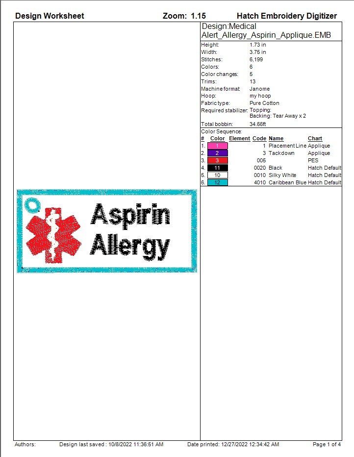 Medical Alert Aspirin Allergy Embroidery Applique Digital Design - Etsy