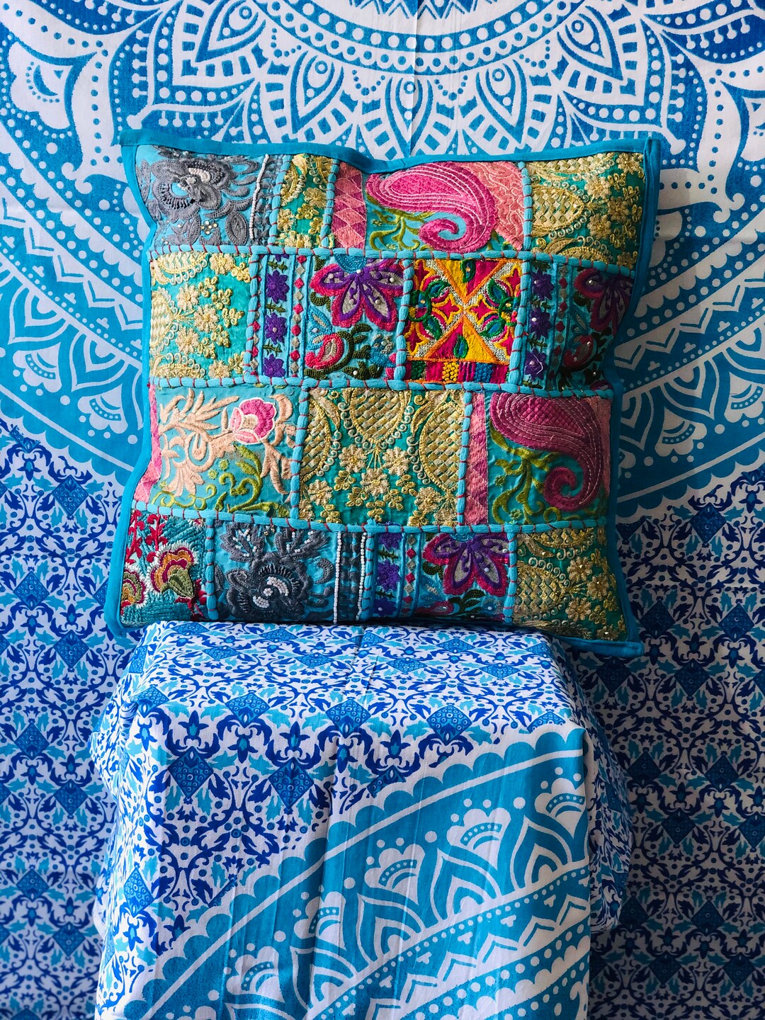 Indian Patchwork Cushion Cover Embroidered Sari Vintage Cushion Cover ...