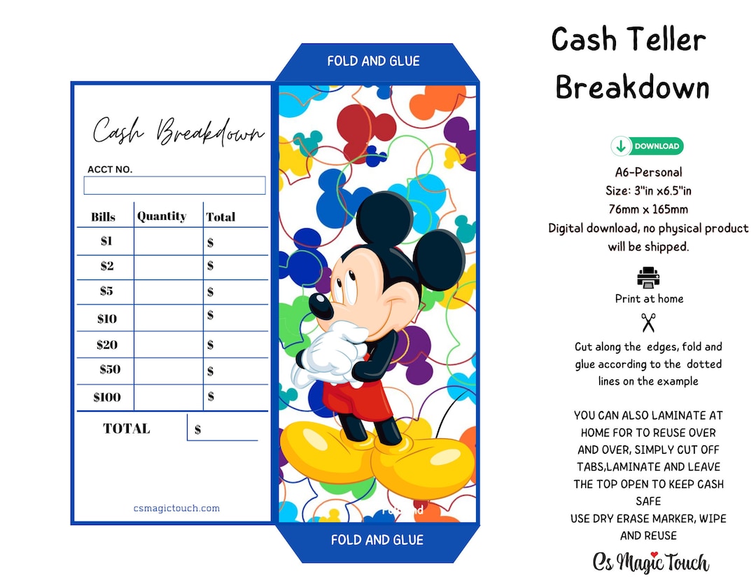 Mickey Printable Teller Sips |digital Download| Cash Teller Slips|cash ...