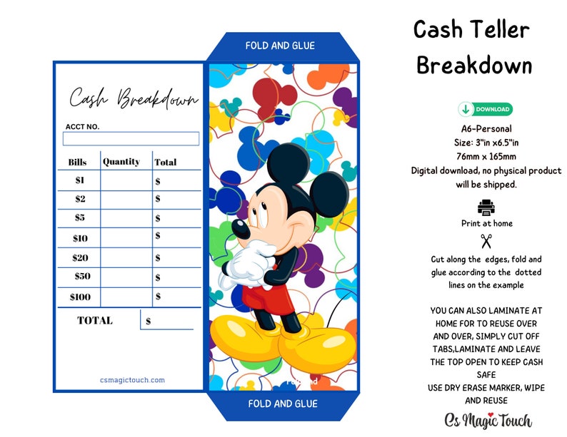 Mickey Mouse Cash Teller Slips: Printable Cash Breakdown (digital ...