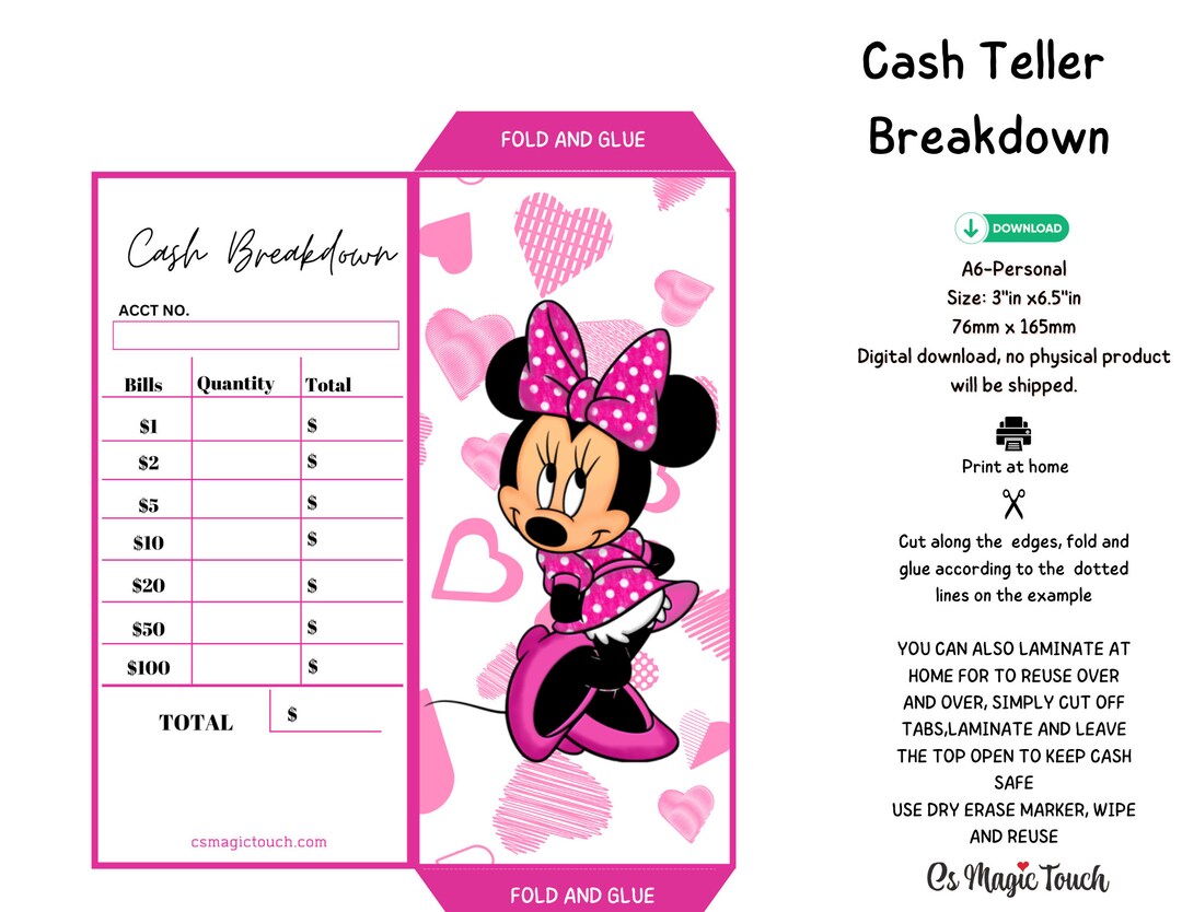 Minnie Mouse Cash Teller Slips: Printable Cash Breakdown (digital ...