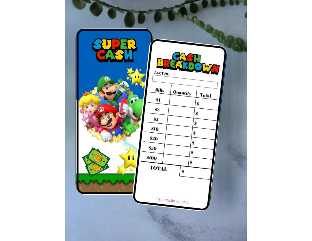 Super Cash Mario Laminated Cash Breakdown Envelope With Dry Erase ...