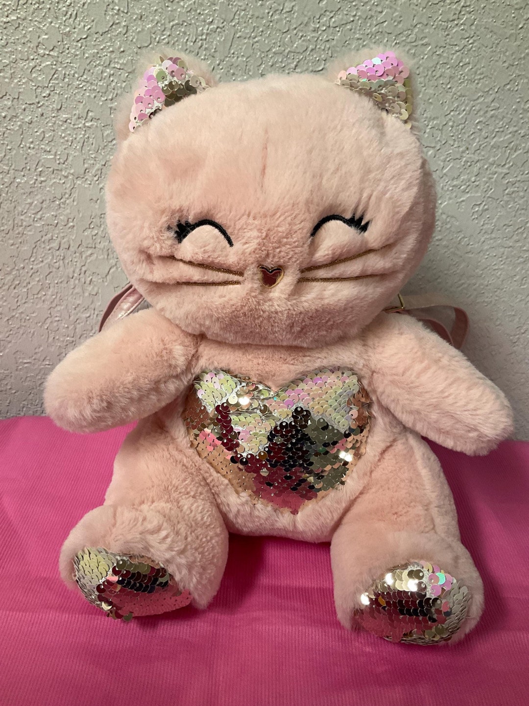 Pink Plush Kitty Girl’s Backpack Purse With Sequins Stuffies Plush Toys Stuffed Animal Bag Gifts ...