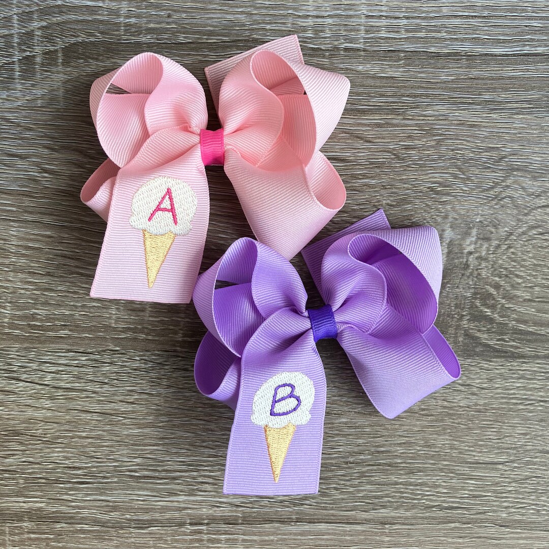 4 or 5" Monogrammed Hair Bows With Ice Cream Cone Embroidered ...