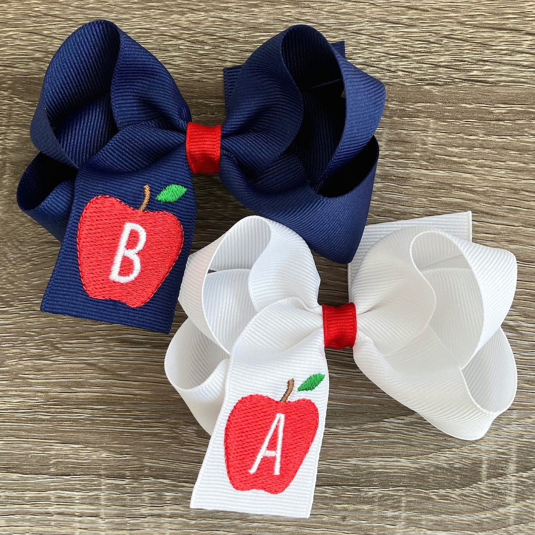 4 or 5" Apple Monogrammed Back to School Hair Bows, Embroidered Pre-k ...